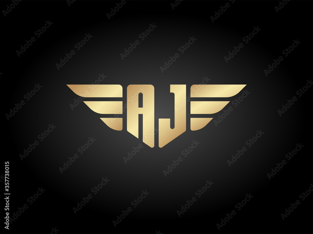 AJ Letter Logo Shield with wings vector gold color on black background ...