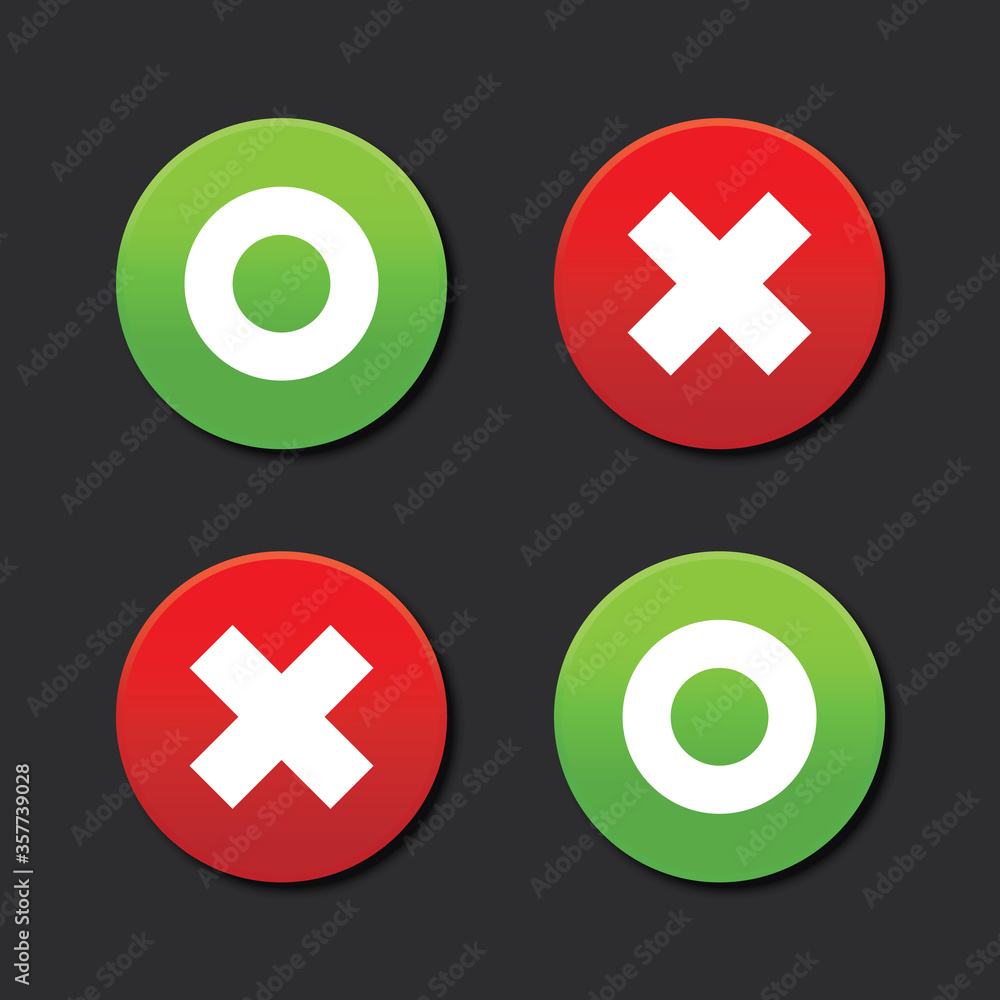 Shiny O and X round shape icons with shadow, green circle & red cross ...