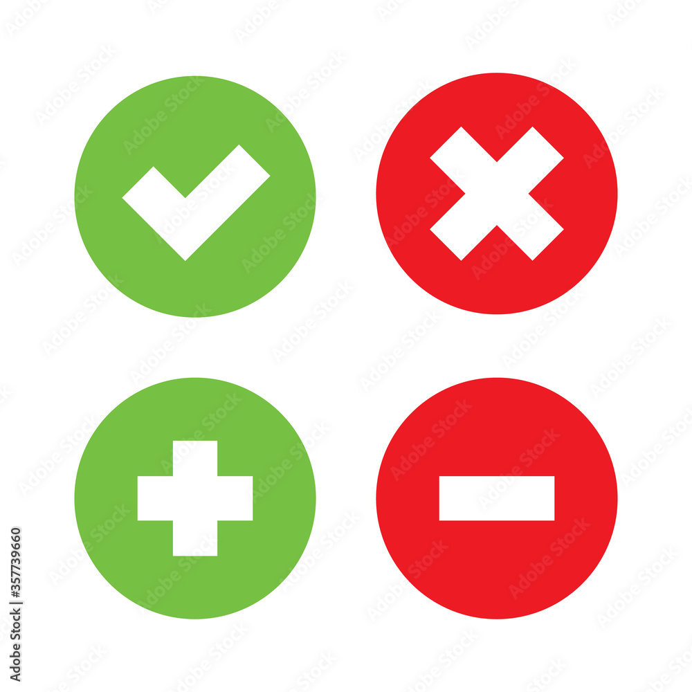 Round shape checkmark cross plusminus icons, simple green & red signs ...