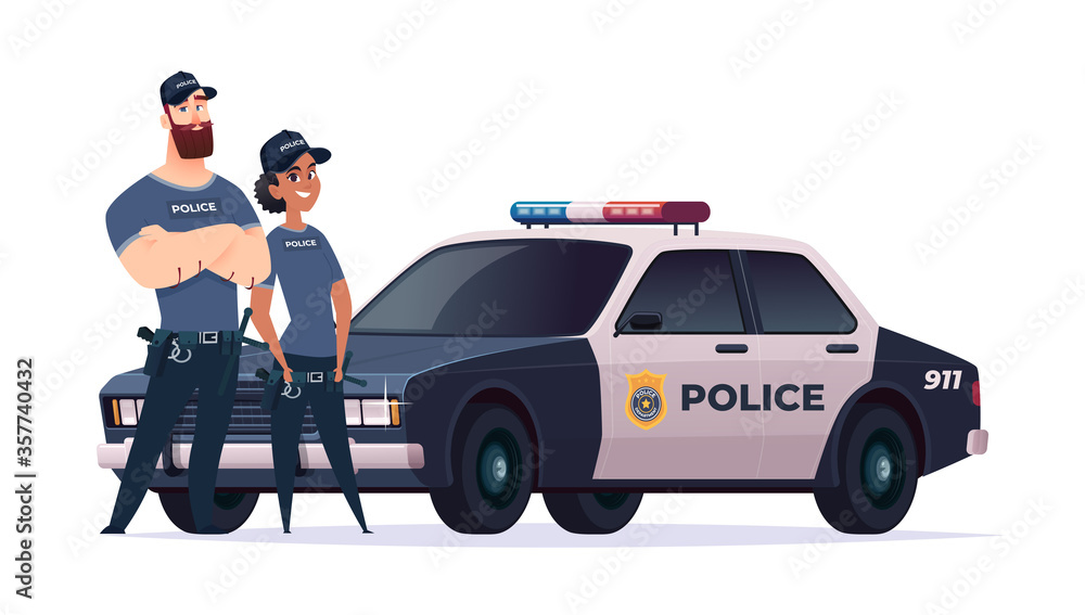 Cartoon police officers man and woman team. Public safety officers with ...