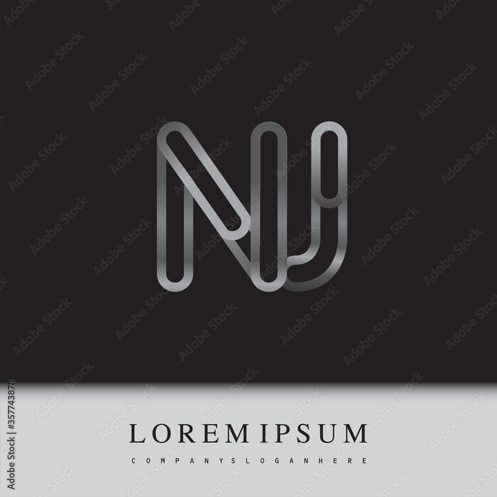 initial logo letter NJ, linked outline silver colored, rounded logotype ...