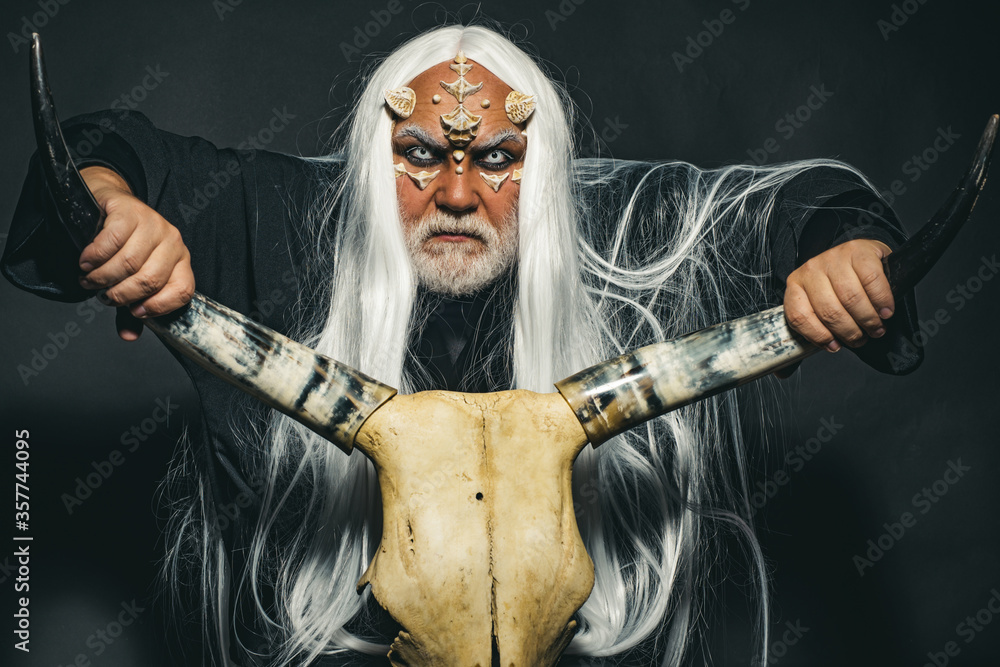 Vampire man with white eyes. Monster with sharp thorns and warts on ...