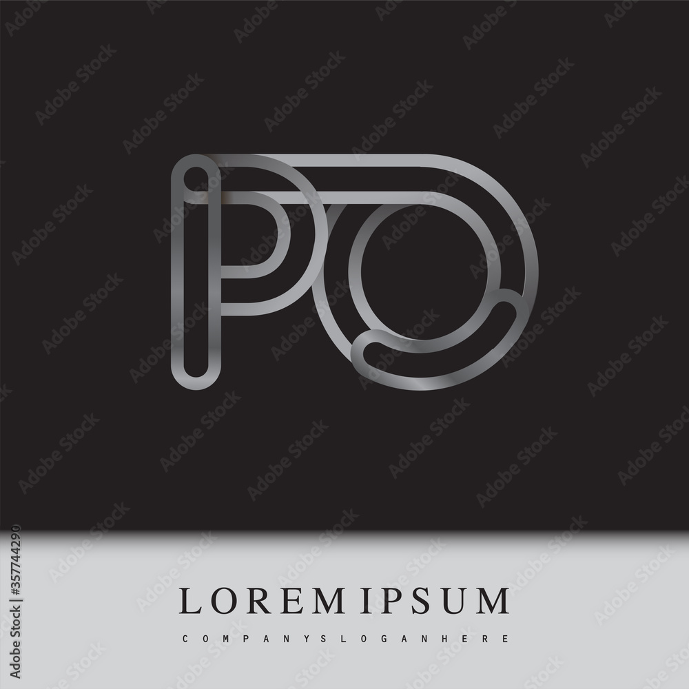 initial logo letter PO, linked outline silver colored, rounded logotype ...