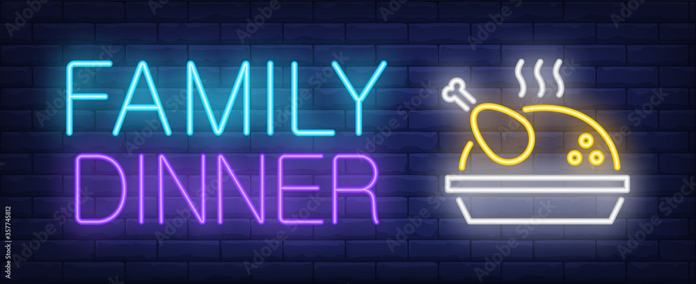 Family dinner neon text with fried turkey. Thanksgiving Day ...