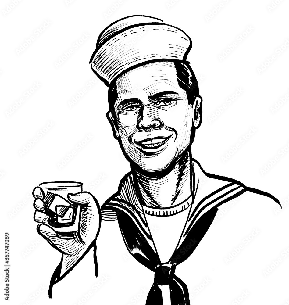 Happy seaman with a drink. Black and white drawing Stock Illustration ...