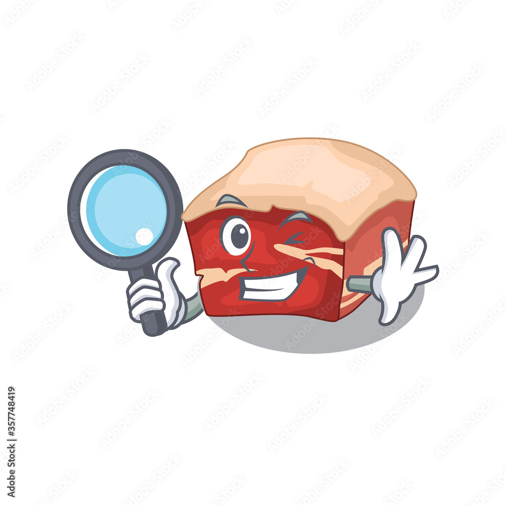 cartoon mascot design of pork belly super Detective breaking the case ...