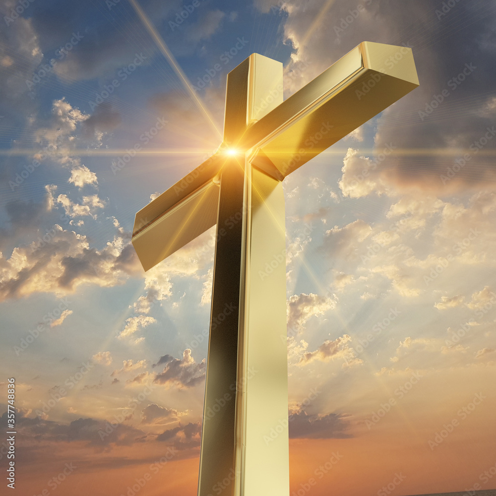 cross golden gold clouds side view sun beams - 3d rendering Stock ...