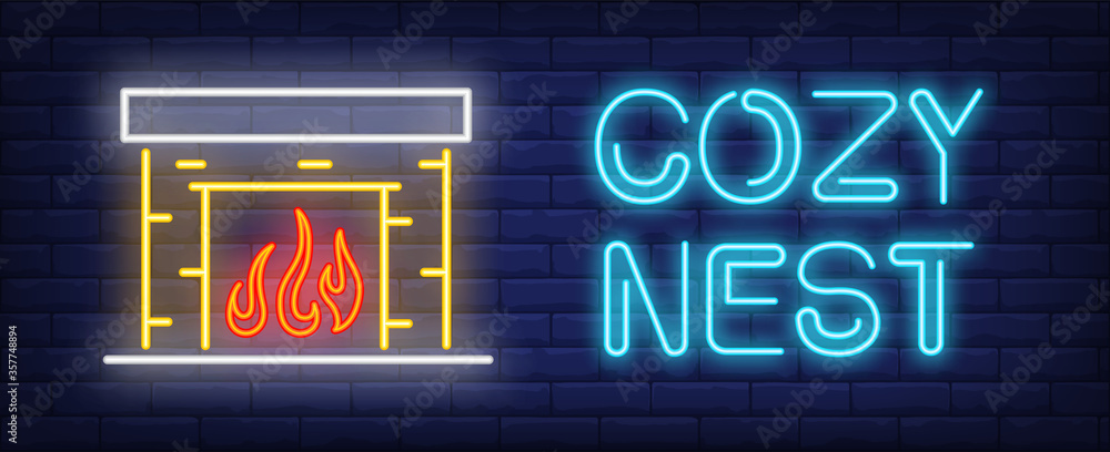 Cozy nest neon text with fireplace. Winter and advertisement design ...