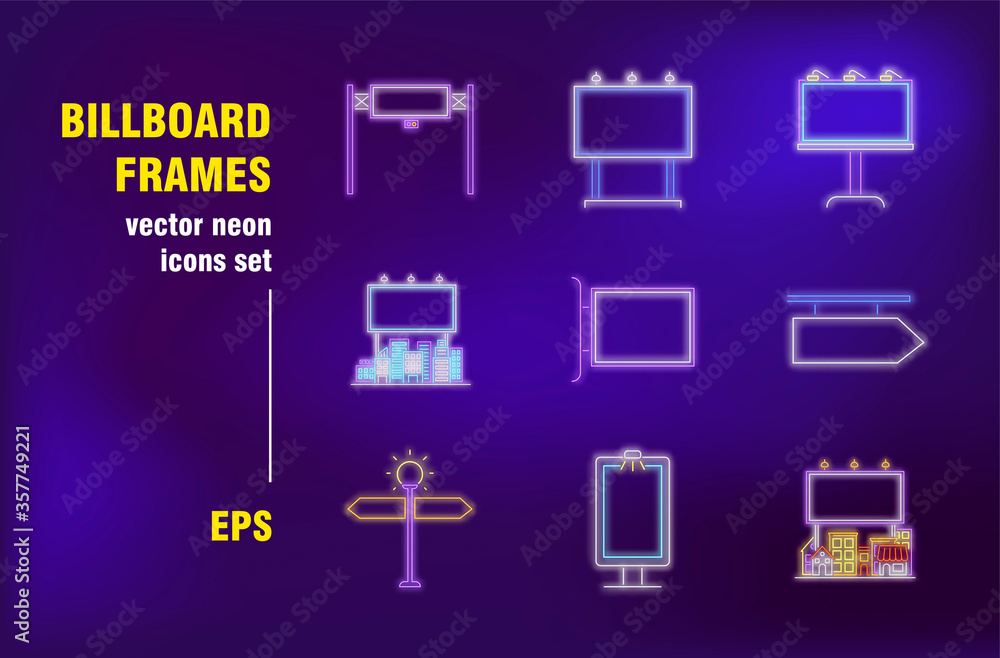 Billboard frames neon signs set. Blank city signboards, direction ...
