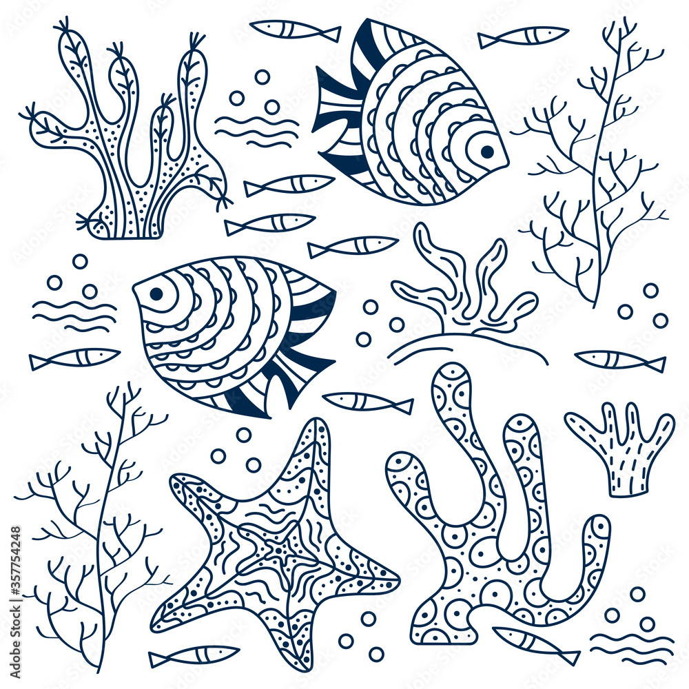 Sea floor, underwater world. Fish and seaweed on a white background ...