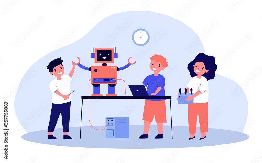 School robotics project. Group of children with laptop and remote ...