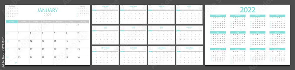 Calendar 2021, calendar 2022 week start Sunday corporate design ...