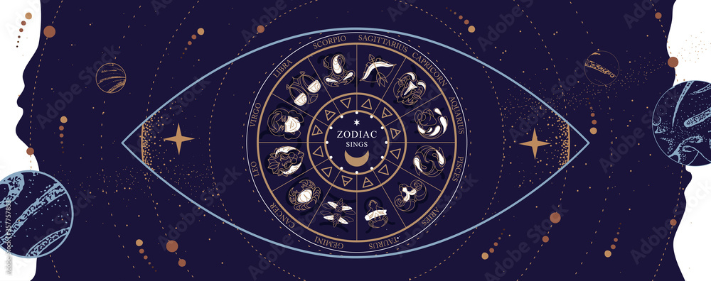 Modern magic witchcraft Astrology wheel with zodiac signs on space ...