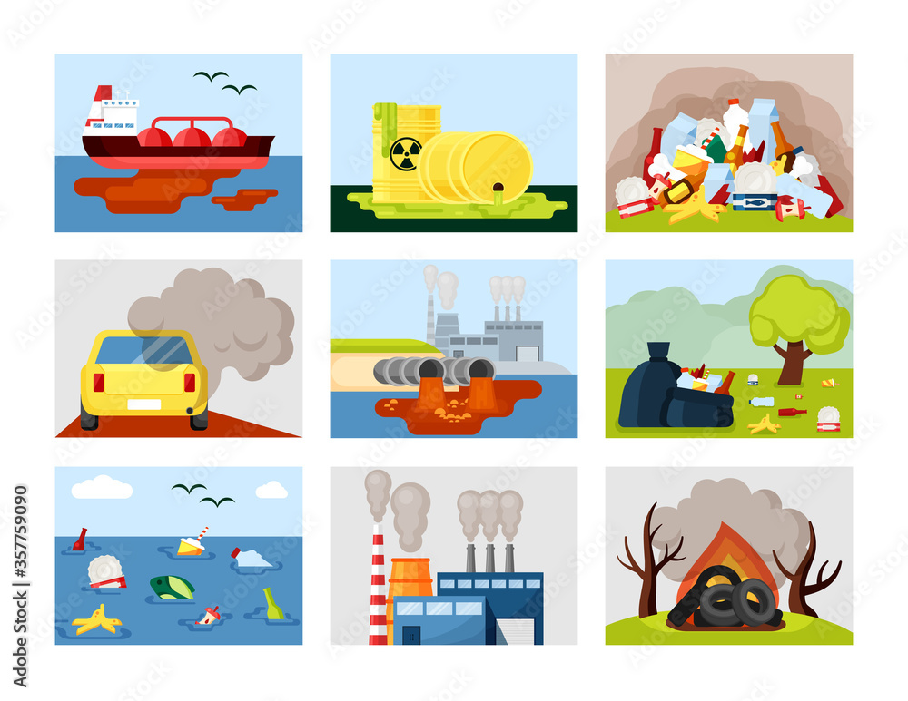 Fototapeta dla chłopca Pollution environmental set. Car exhaust toxic landfill plastic ocean ...