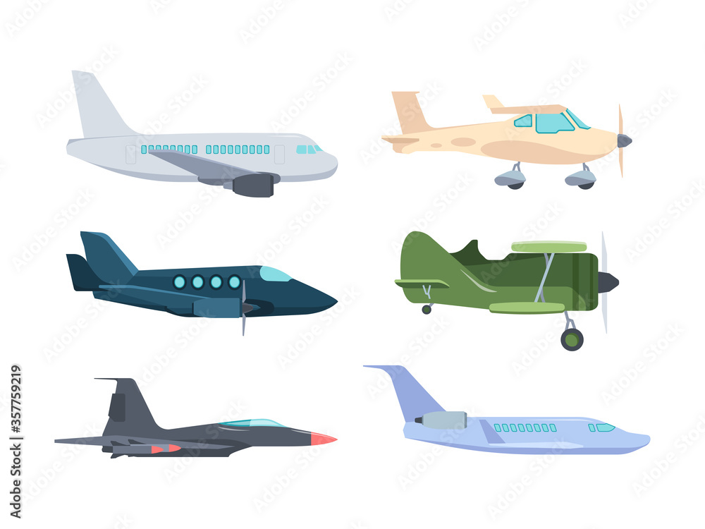 Airplanes set. Modern passenger liners retro propeller an 2 corncob ...
