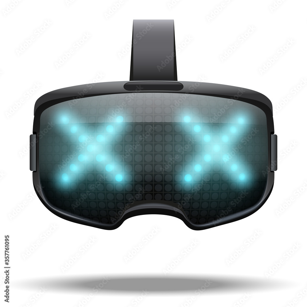 Original VR goggles headset with light text effect. Front view. Vector ...