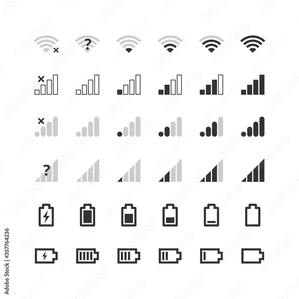 Vetor de Mobile gadget bar icons set. Wi-fi level, 4g and 5g network ...