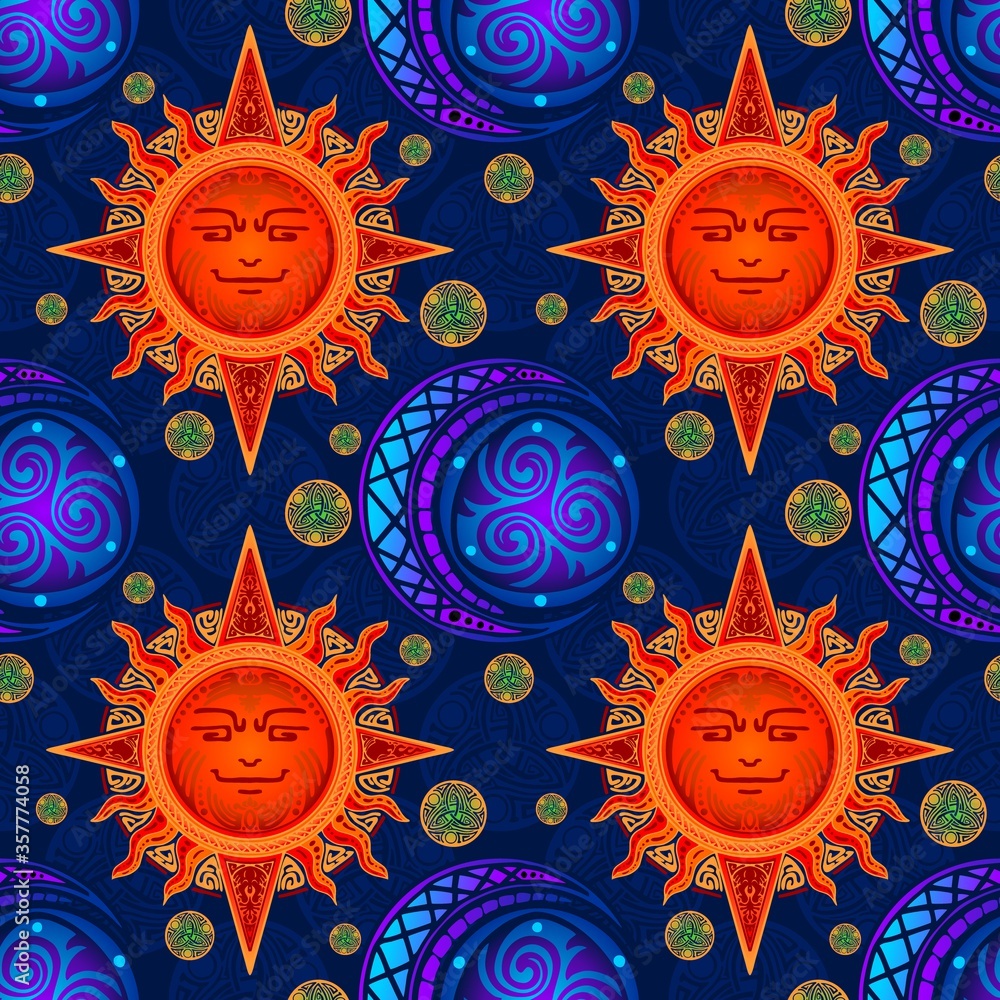 colorful Sun and Moon design with viking style illustration doodle ...