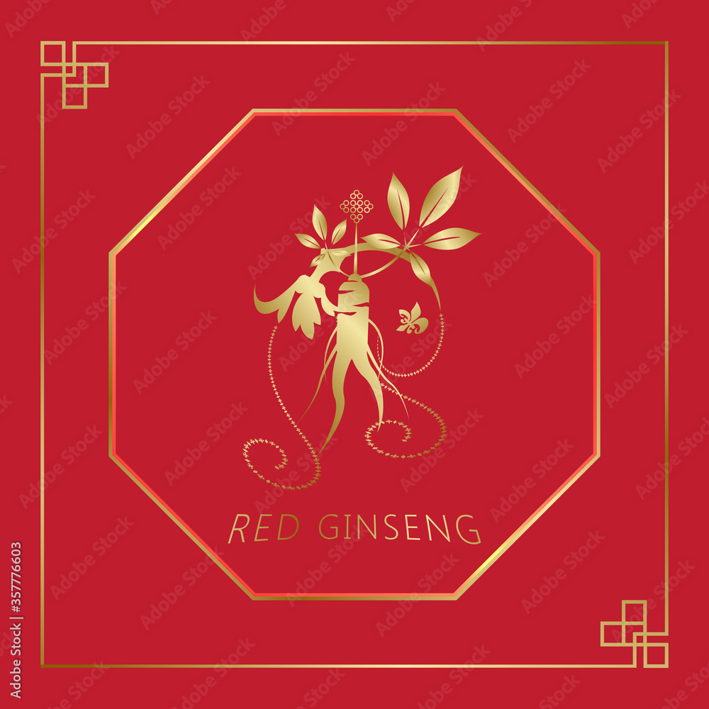 Korean or Chinese red ginseng root, Text label in Korean cultivated ...