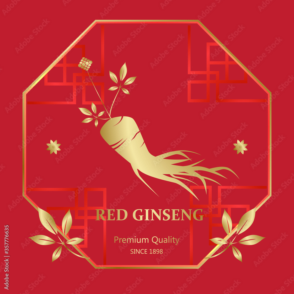Korean or Chinese red ginseng root, Text label in Korean cultivated ...