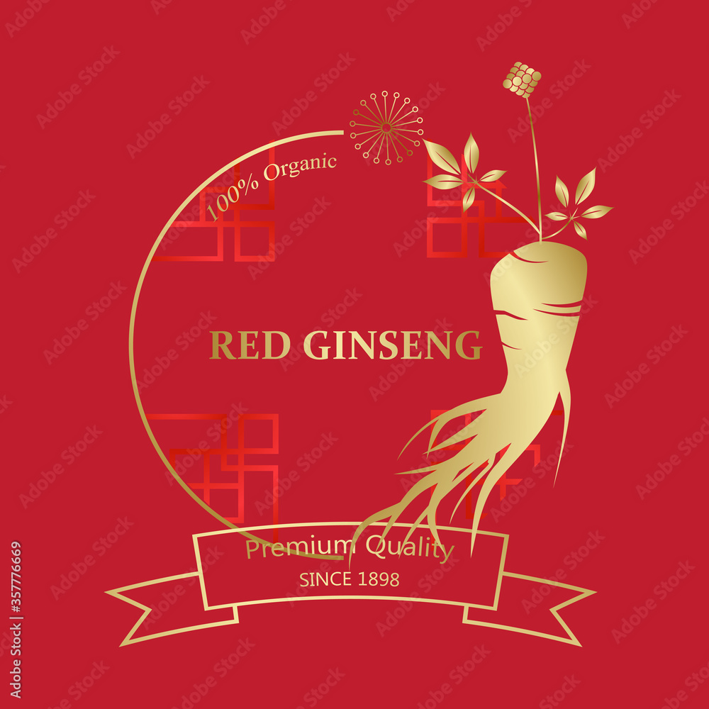 Korean or Chinese red ginseng root, Text label in Korean cultivated ...