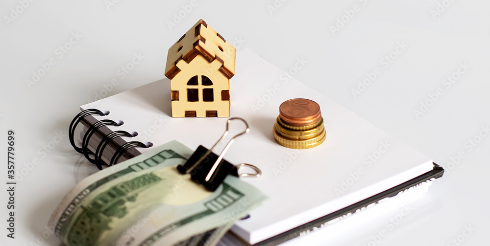 Mini wooden house and dollar banknote money on white background. Image ...