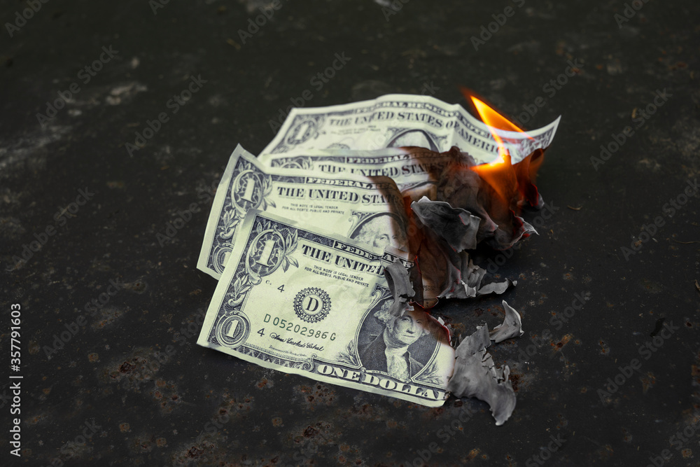 Burning dollar bills, money concept for wage reduction, economic crisis ...