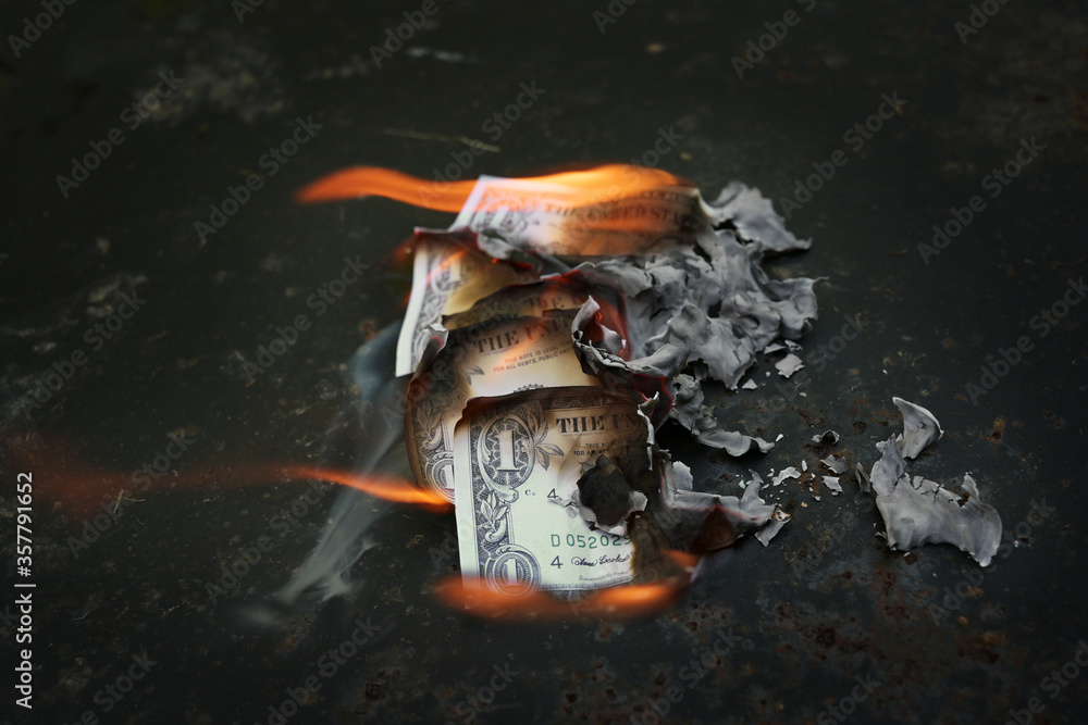 Burned money, dollar bills on fire, financial concept for economic ...