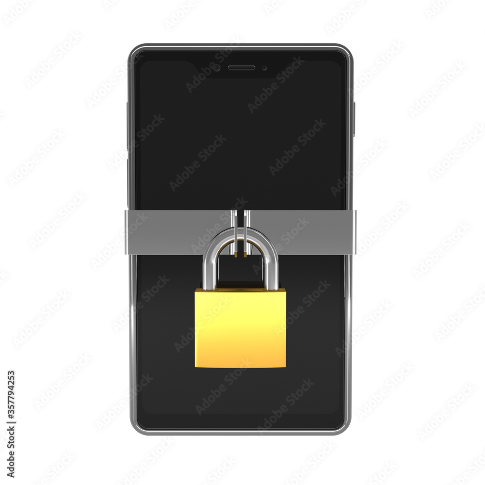 Smartphone with a blank screen on a white background and a padlock with ...