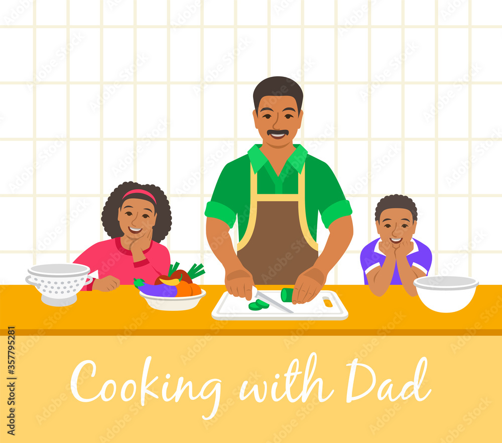 Black family cooking together. Dad with two happy kids cuts vegetables ...