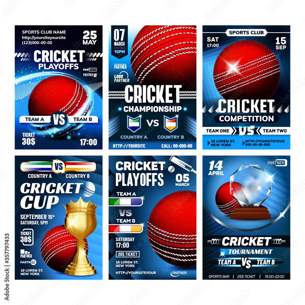Cricket Team Sportive Game Posters Set Vector. Leather Seam Playing ...