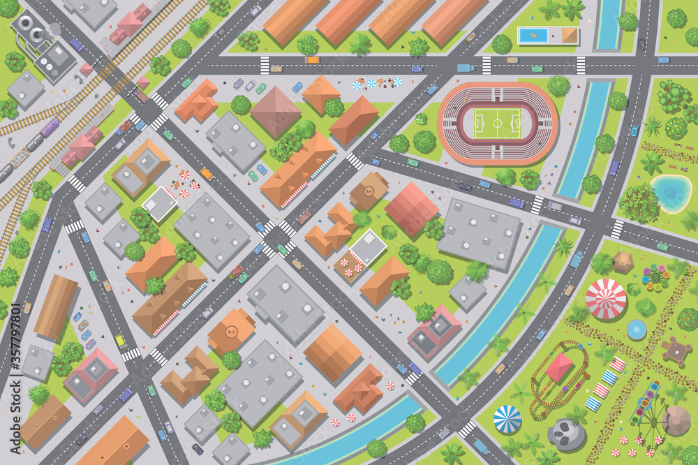 Vector illustration. City top view. Streets, houses, buildings, roads ...