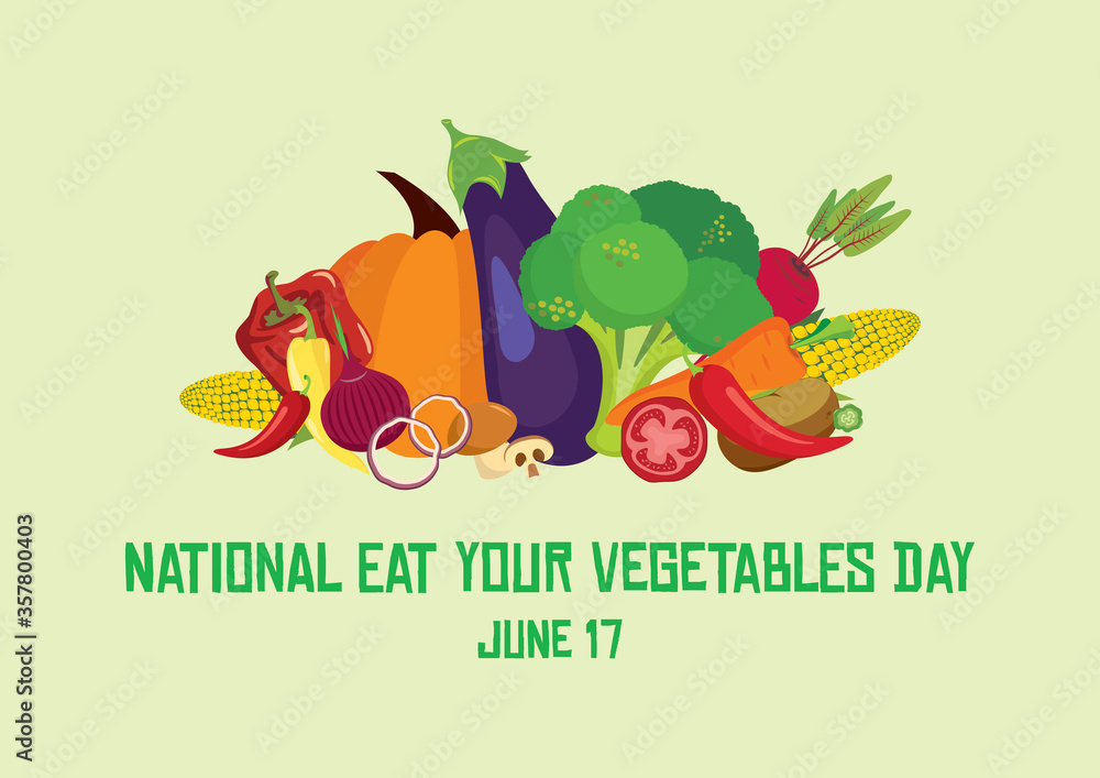National Eat Your Vegetables Day vector. Different types of vegetables ...