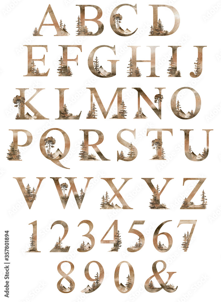 Watercolor alphabet in brown colors with autumn forest trees and ...