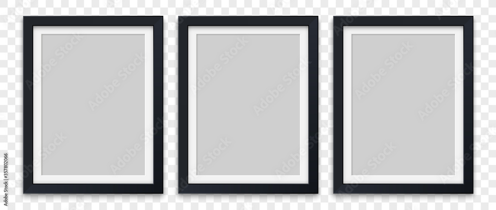 Realistic vertical picture frames black colors isolated on transparent ...