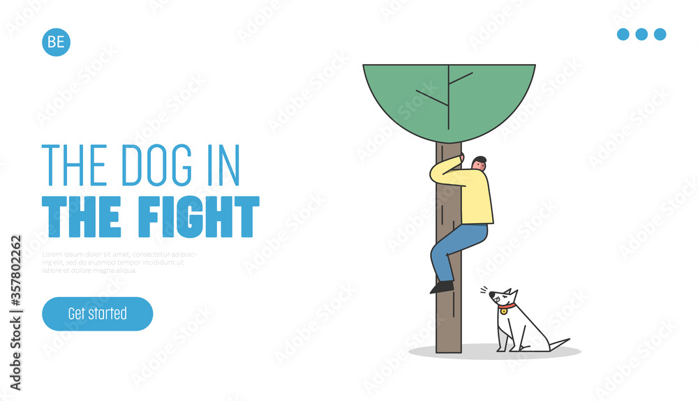Scared man saving from dog attack on tree. Landing page template with ...