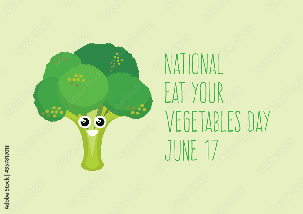 National Eat Your Vegetables Day vector. Cute broccoli cartoon ...