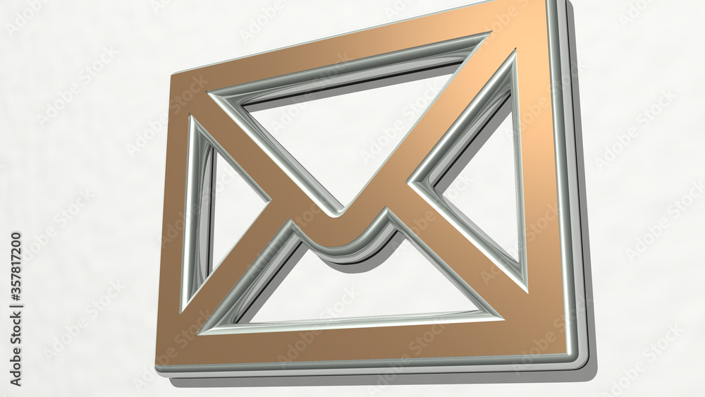 ENVELOPE SYMBOL on the wall. 3D illustration of metallic sculpture over ...