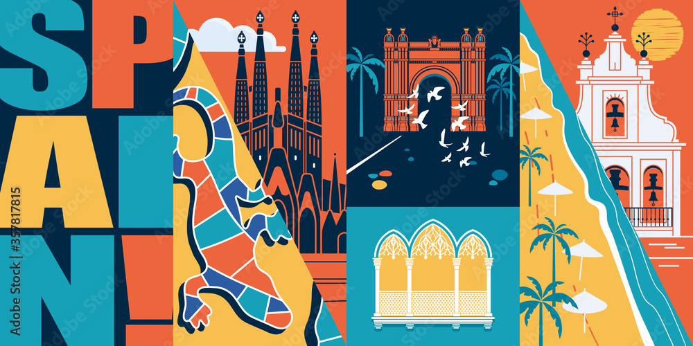 Spain vector banner, illustration. City skyline, historical buildings ...