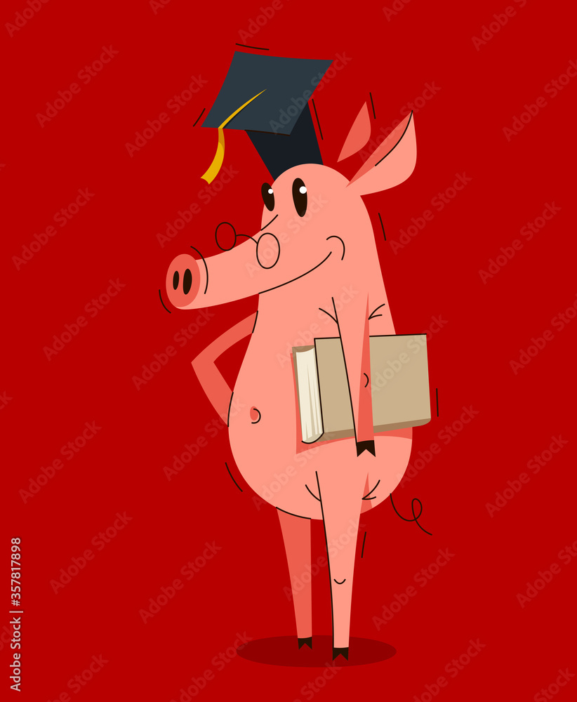 Funny cartoon pig wearing student hat and holding a book graduate ...