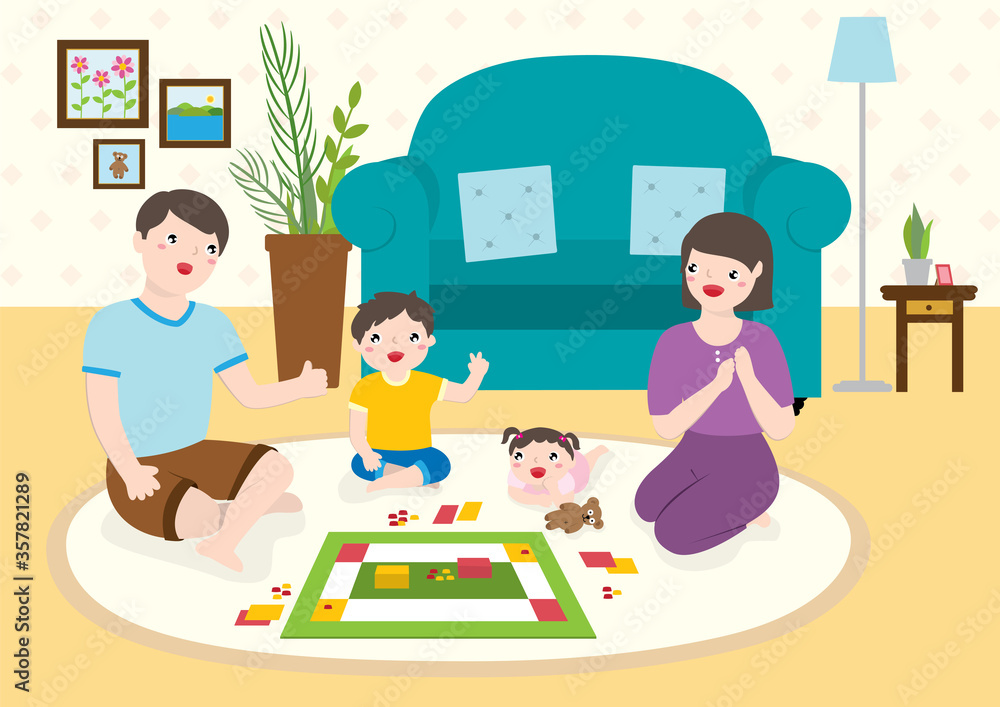 Family Playing Board Games. Vector Cartoon Illustration. Stock Vector ...