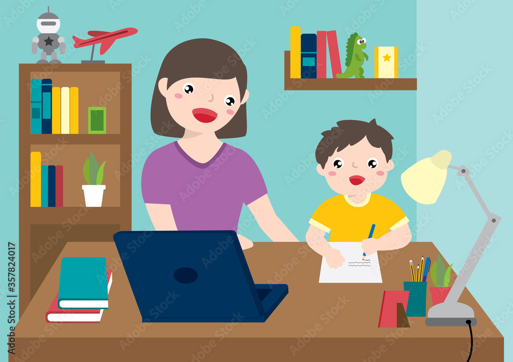 Homeschooling. Mom Teaching Her Son Doing Homework. Online Family ...