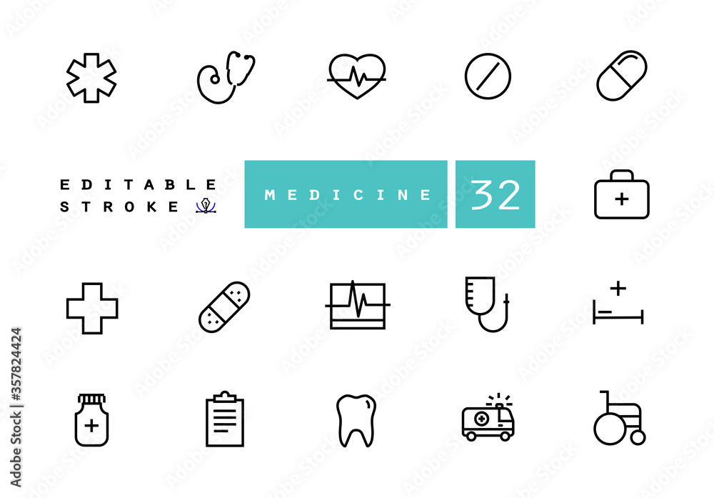 Medicine and medical equipment vector linear icons set. Medicine and ...