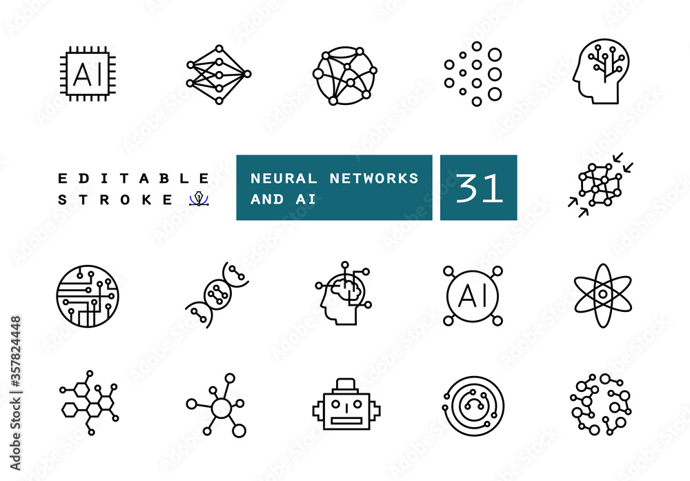 Vector linear icons set with Neural networks and abstract thinking ...