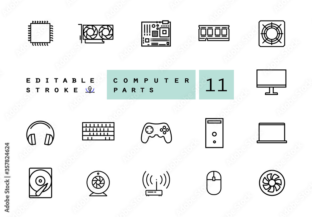 Computer Parts vector linear icons set. Outline symbols pack ...