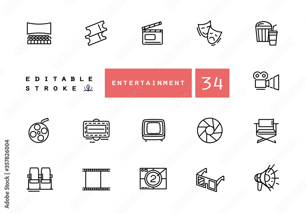 Filmmaking and cinema equipment vector linear icons set. Cinema outline ...