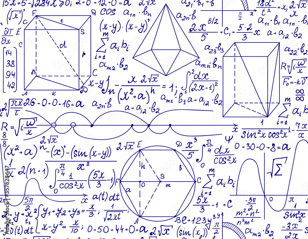 Math vector seamless pattern with handwritten formulas, plots and ...