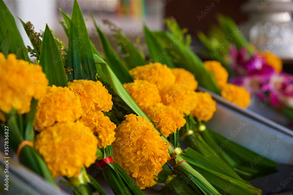 marigold flowers in a Buddhist temple, an offering to the deities, a ...