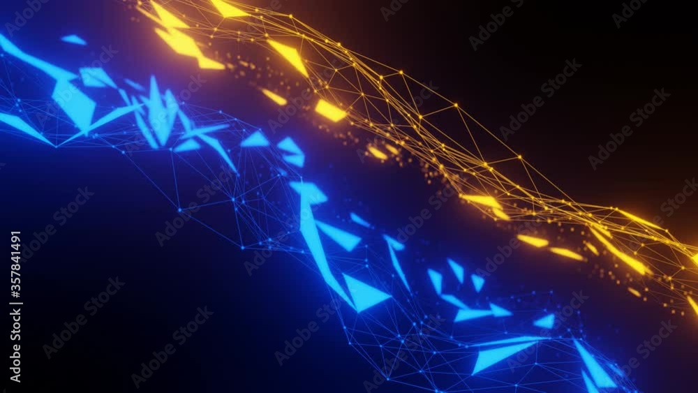 Abstract Plexus Digital Blue and Orange Color Wave Triangulation Shapes motion on wave and light ...