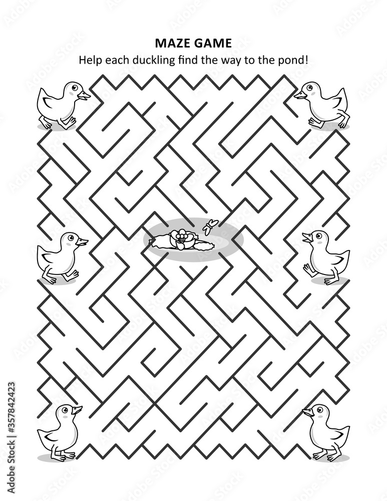 Maze game and coloring page for kids: Help each duckling find the way ...